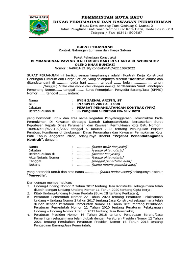 DRAFT KONTRAK Pemb Paving JLN Tembus Dari Rest Area Ke Workshop Oleh2 Khas Bumiaji BJ13 FIX | PDF