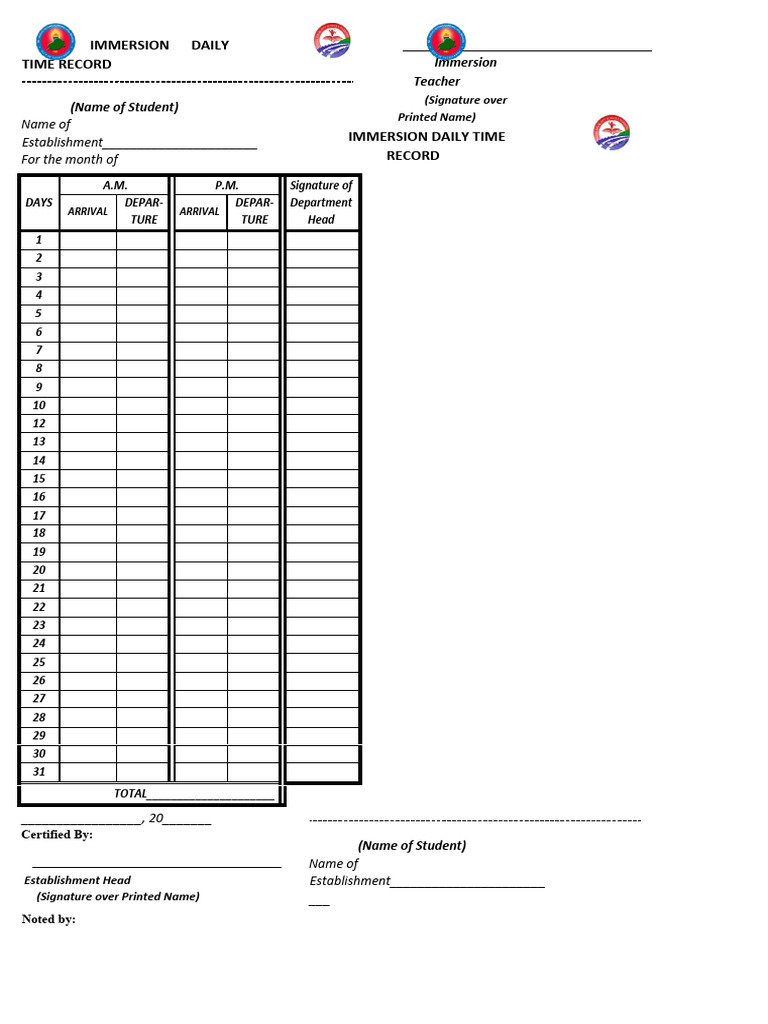 Immersion DTR Accomplishment Form | PDF