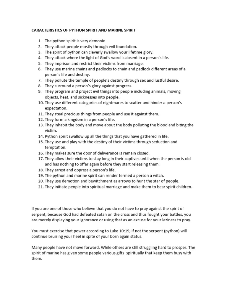 Python and Marine Spirit Characteristics | PDF | Deliverance Ministry ...
