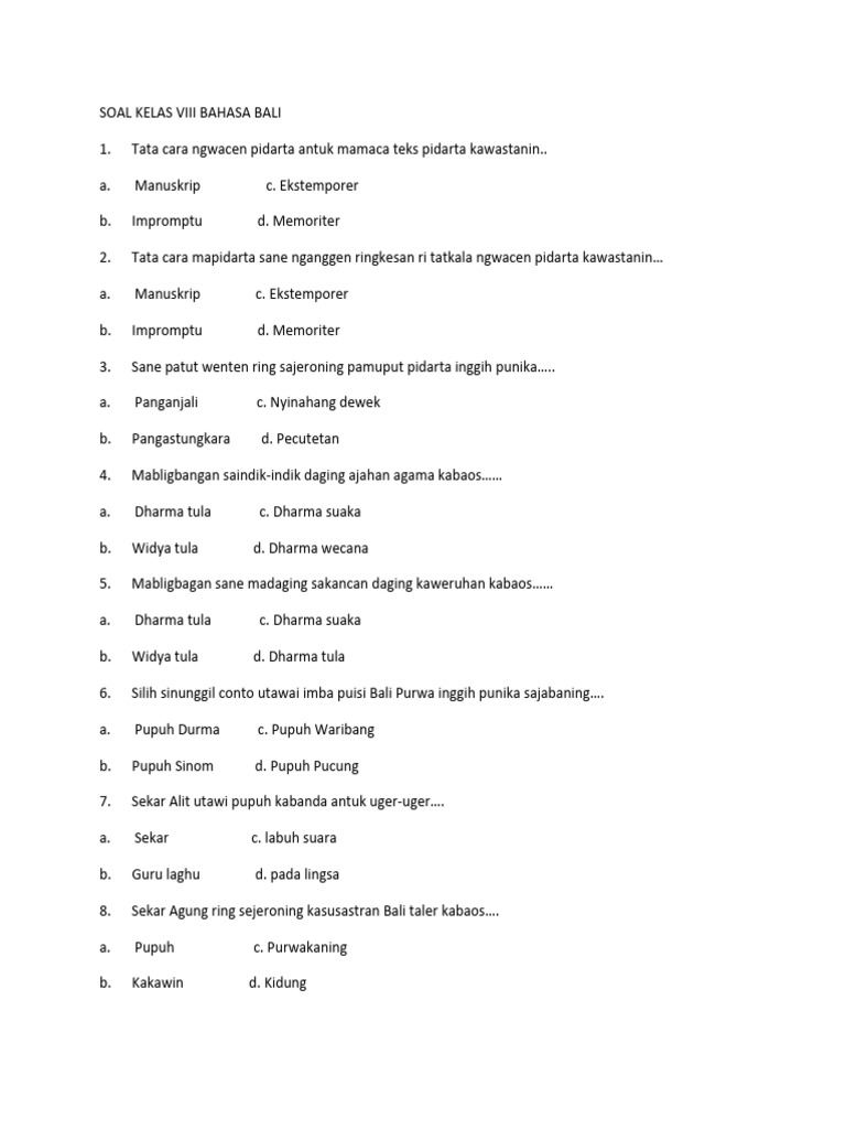 Soal Bahasa Bali Kelas VIII | PDF | Seni & Disiplin Bahasa