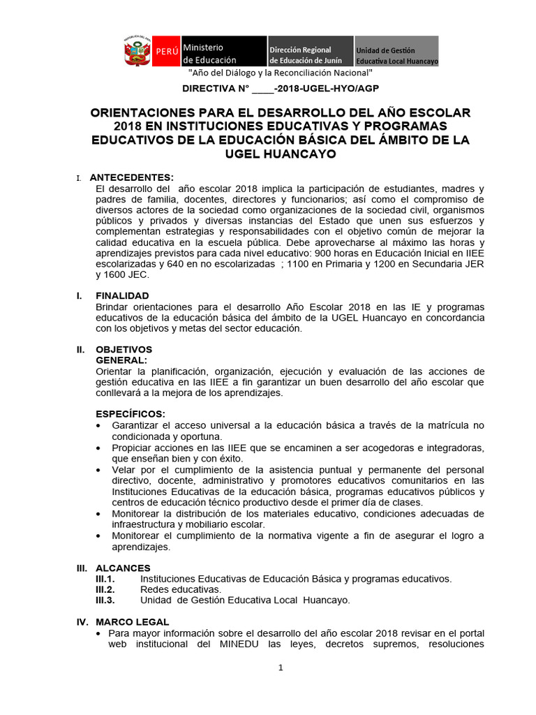 A A A DIRECTIVA DESARROLLO AÑO ESCOLAR 2018 HUANCAYO | PDF | Educación de la primera infancia ...
