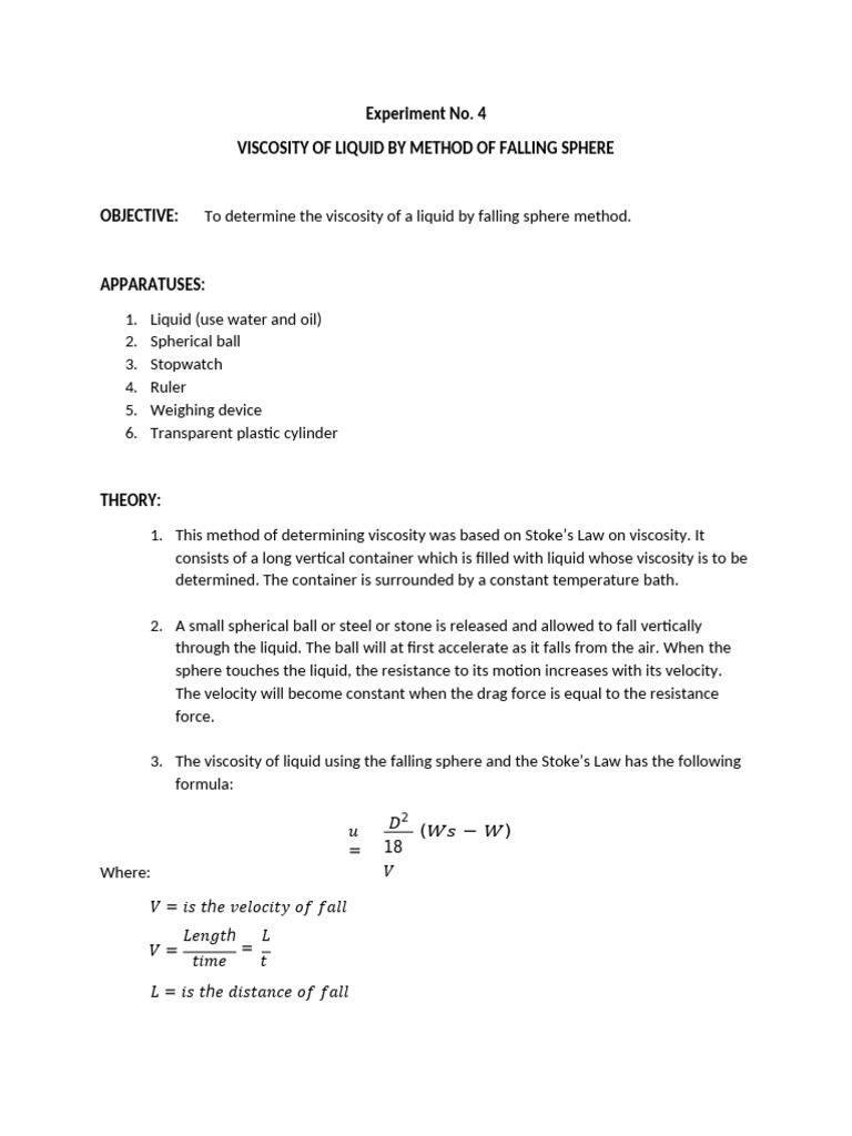 Experiment No. 4 VISCOSITY OF LIQUID BY METHOD OF FALLING SPHERE | PDF ...