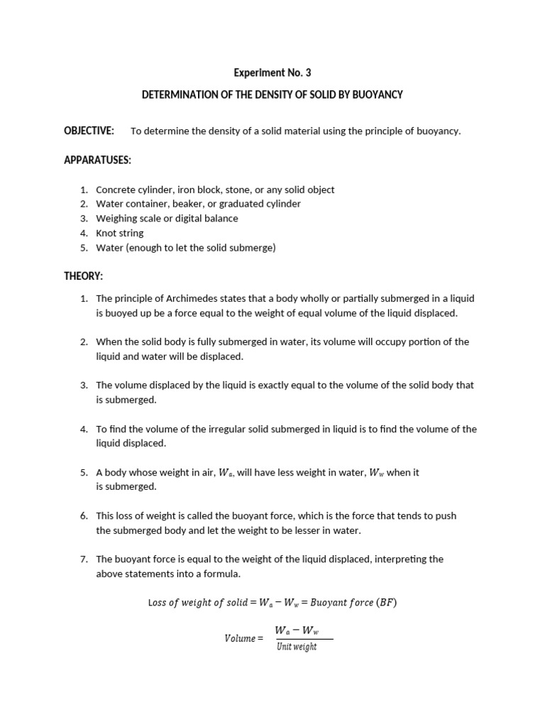 Experiment No. 3 DETERMINATION OF THE DENSITY OF SOLID BY BUOYANCY ...