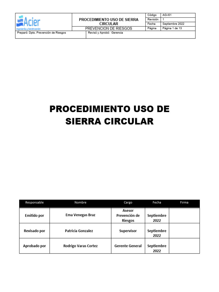 Procedimiento Uso de Sierra Circular | PDF | Guante | Ropa