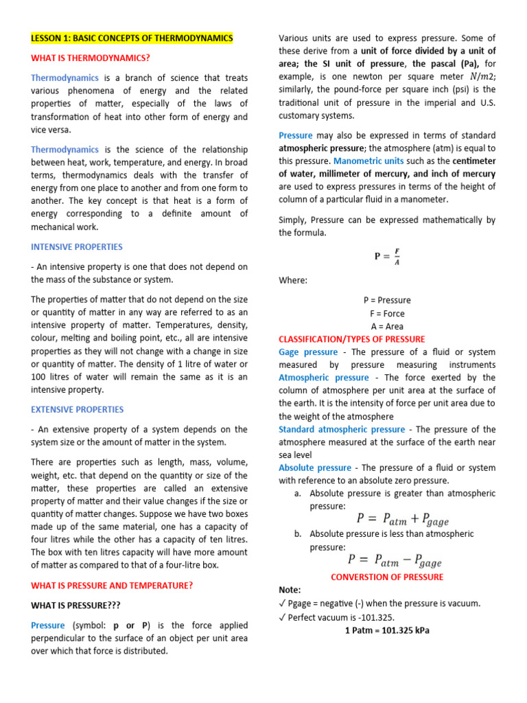 LESSON 1 Basic Concepts of Thermodynamics | PDF | Pressure | Heat