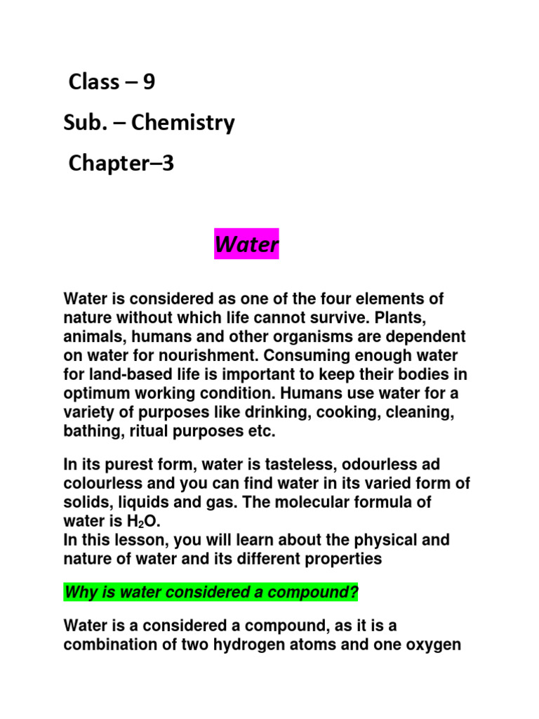 Class - 9 Sub. - Chemistry Chapter-3: Why Is Water Considered A ...