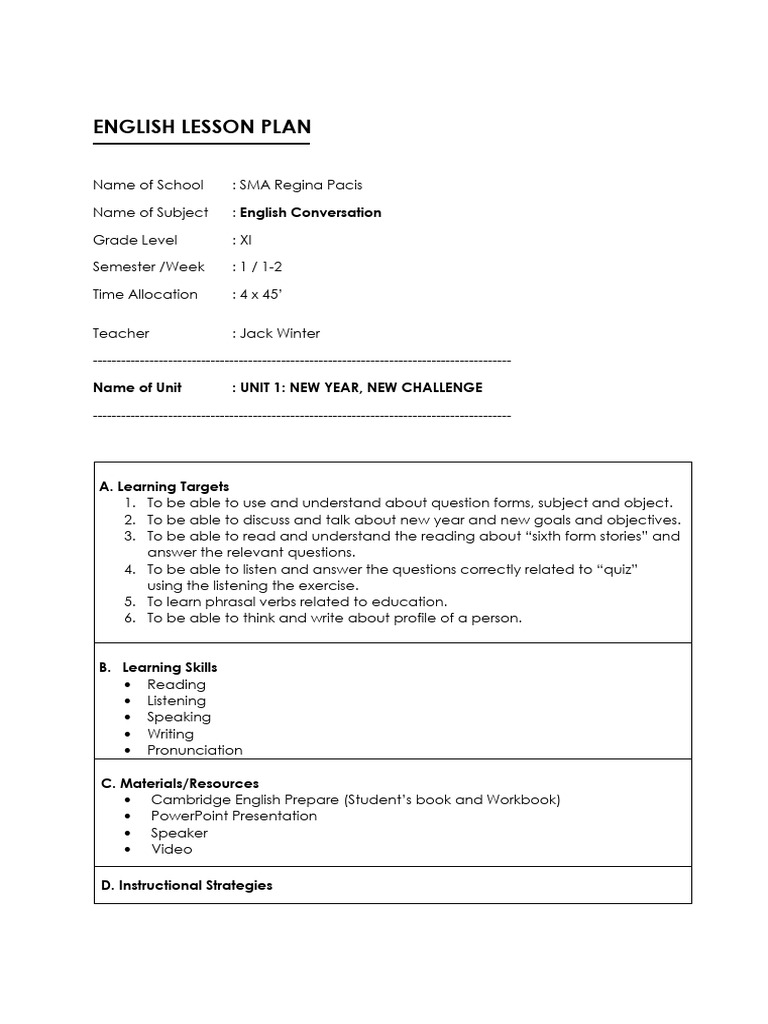 English Lesson Plans for Grade XI | PDF | Lesson Plan | English Language