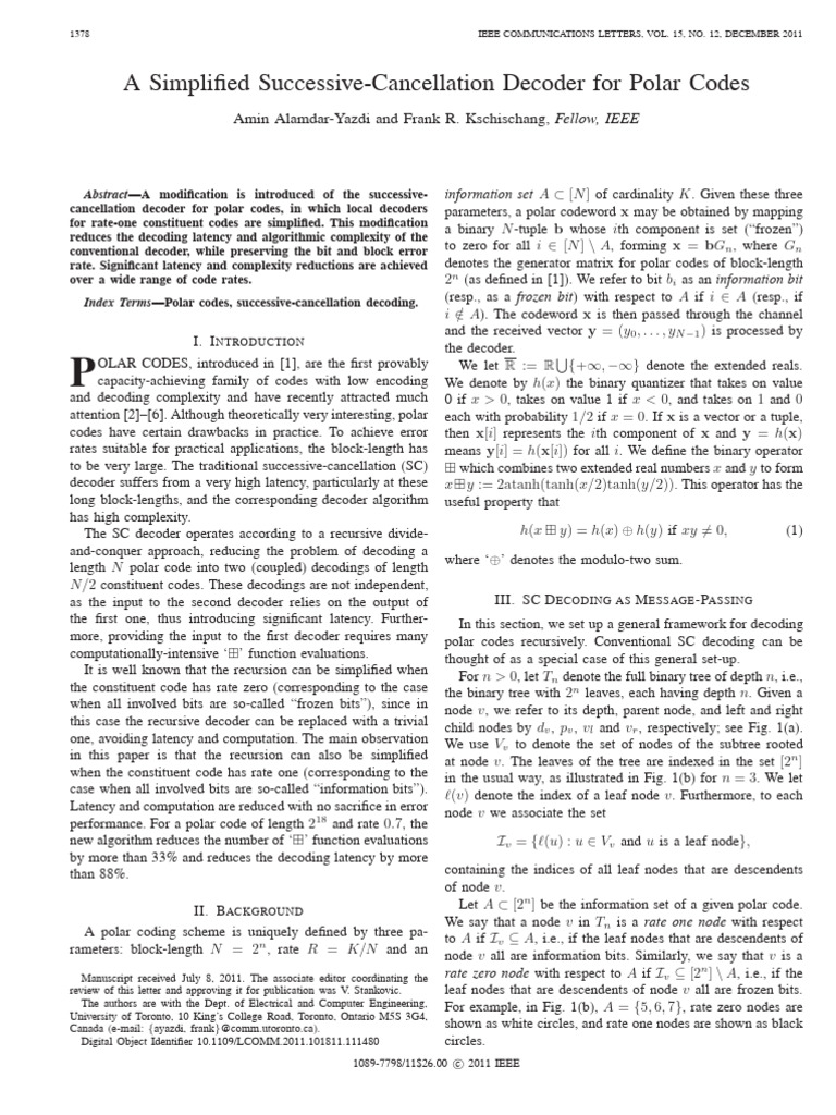 Paper - 2011 - A Simplified Successive-Cancellation Decoder For Polar Codes - Amin Alamdar-Yazdi ...