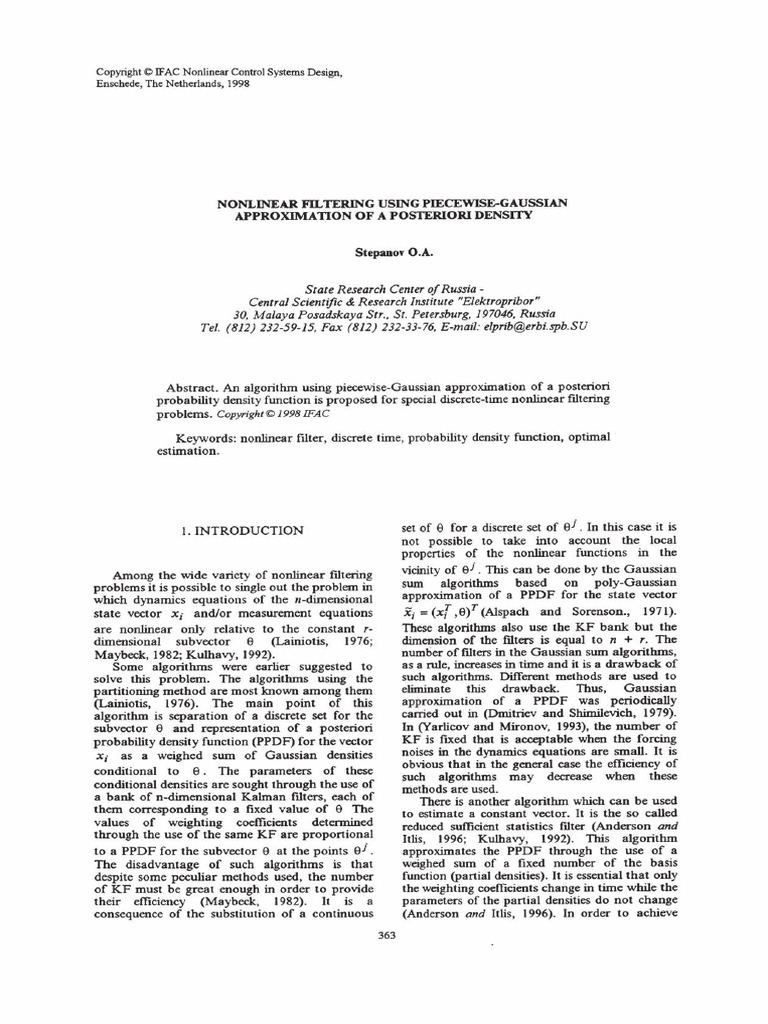 Paper 1998 Nonlinear Filtering Using Piecewise Gaussian Approximation Of A Posteriori