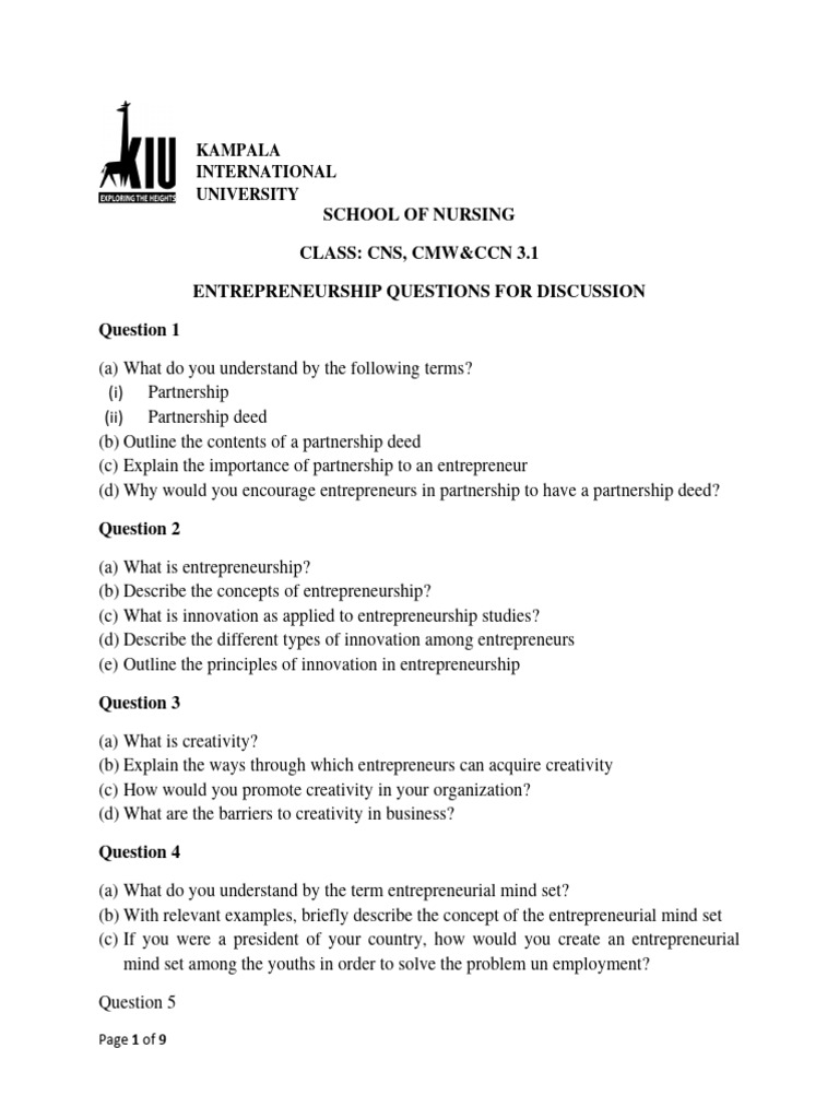 Key Entrepreneurship Discussion Questions | PDF | Entrepreneurship ...