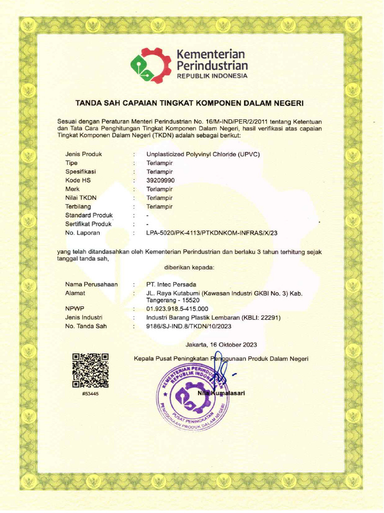 Sertifikat TKDN Upvc Intec | PDF