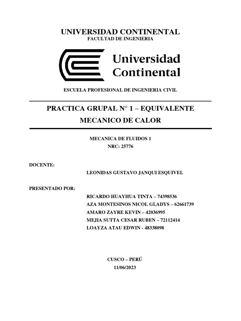 PRACTICA GRUPAL N° 1 – EQUIVALENTE MECANICO DE CALOR | PDF
