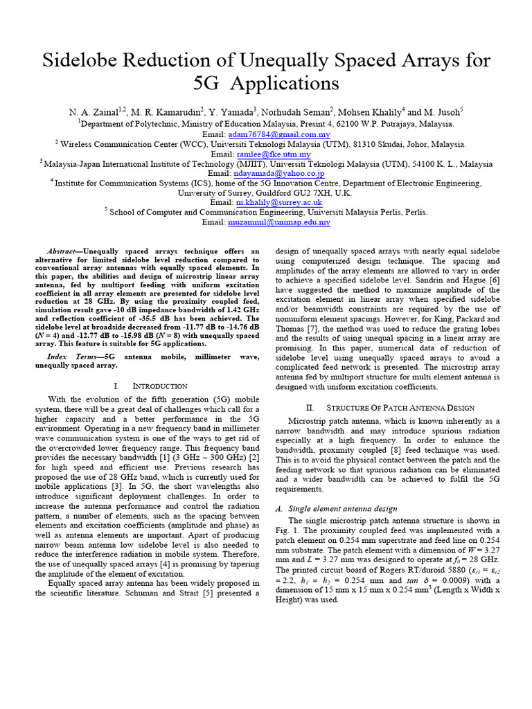 Sidelobe Reduction of Unequally Spaced Arrays For 5G Application | PDF | Antenna (Radio ...
