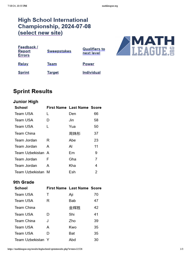 High School International Championship, 2024-07-08 (Select New Site) | PDF