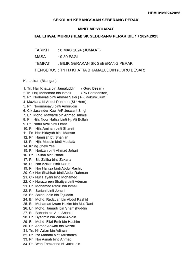 Minit Hal Ehwal Murid 1 2024 | PDF