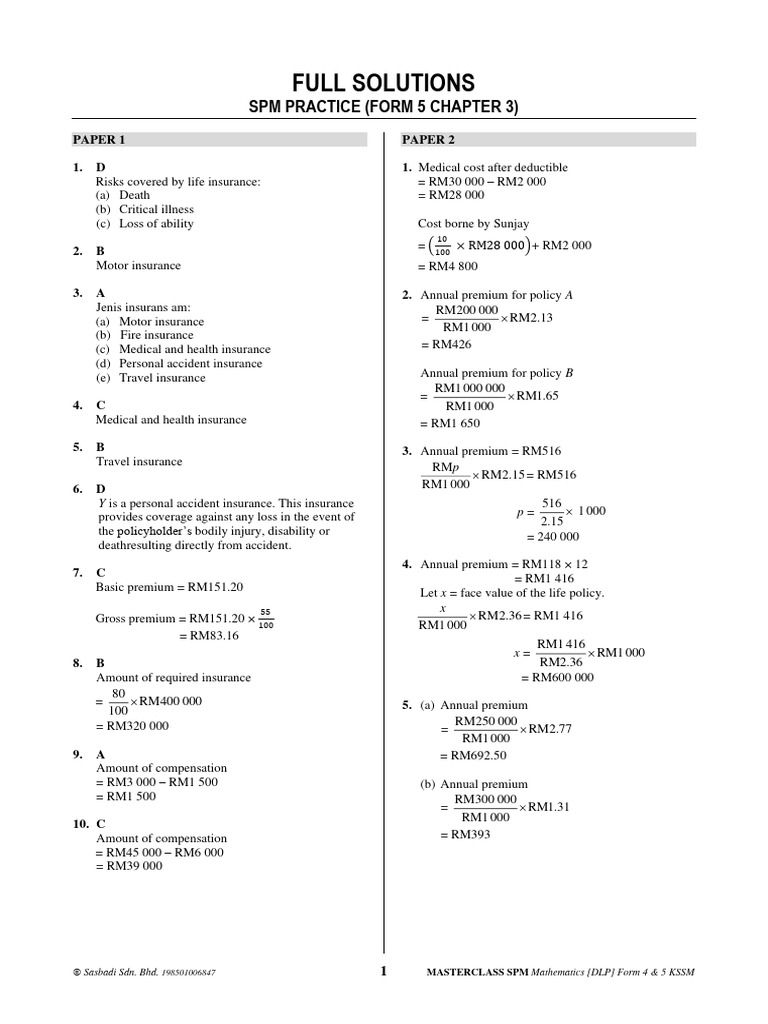 Full Solutions SPM Practice Form 5 Chapter 3 | PDF | Insurance | Vehicle Insurance