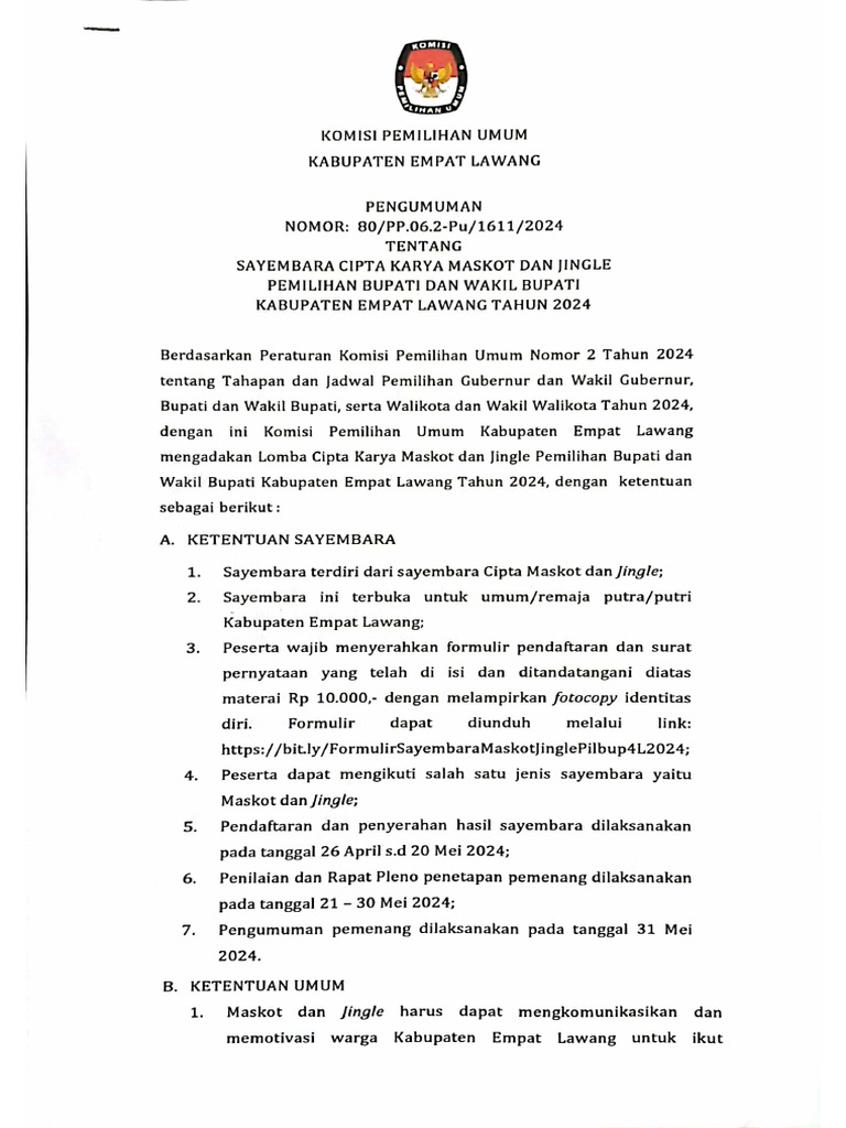 Pengumuman Sayembara Cipta Karya Maskot Dan Jingle Pilkada 2024 | PDF