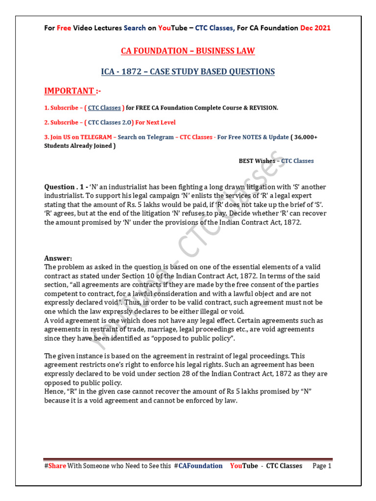 Case Study Based Questions Indian Contract Act 1872 CTC Classes | PDF | Private Law | Common Law