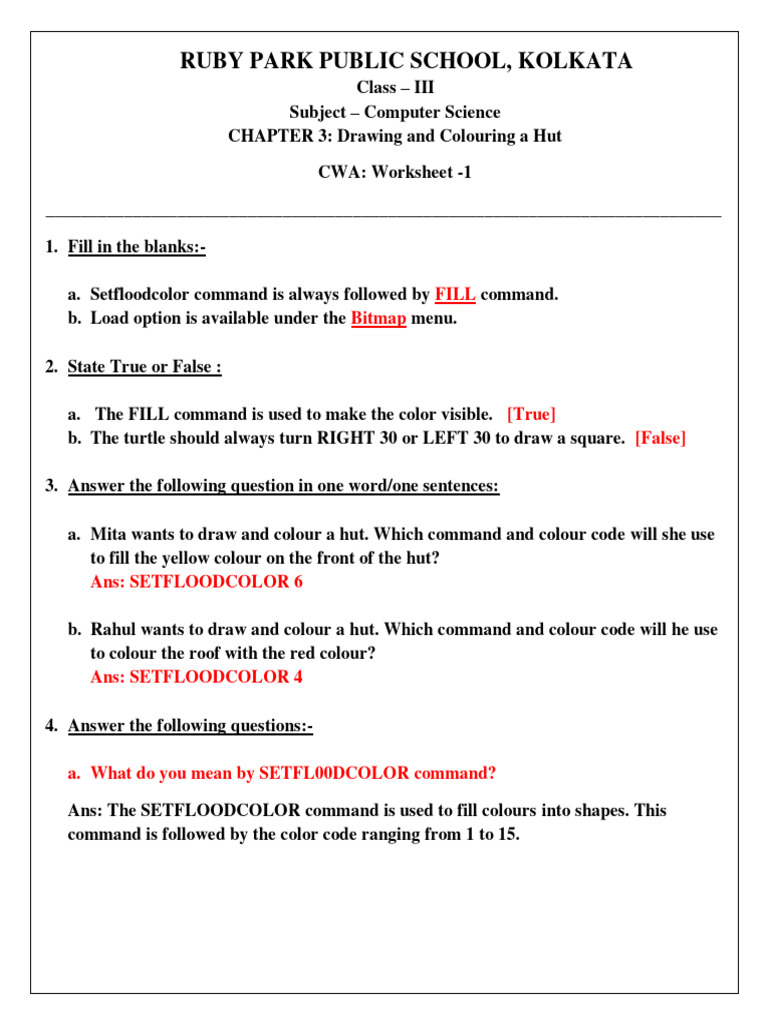 CL 3 CHAPTER 3 Drawing and Colouring A Hut Worksheet 1 WORKSHEET 2 ...