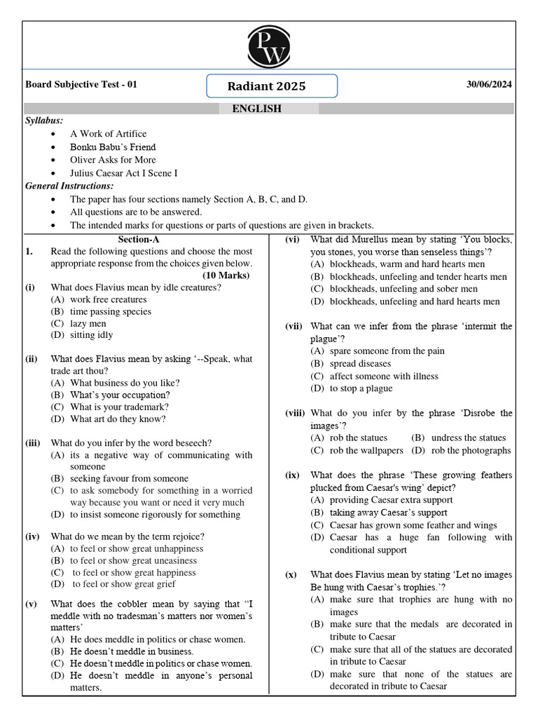 Board Subjective Test 01 - Test Paper (English) - PDF Only - (Radiant ...