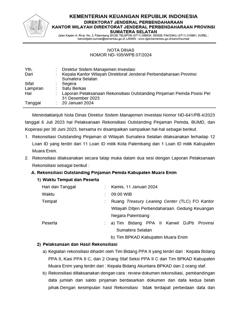 Rekonsiliasi Pinjaman Pemda Sumsel 2023 | PDF | Pengelolaan Keuangan & Uang