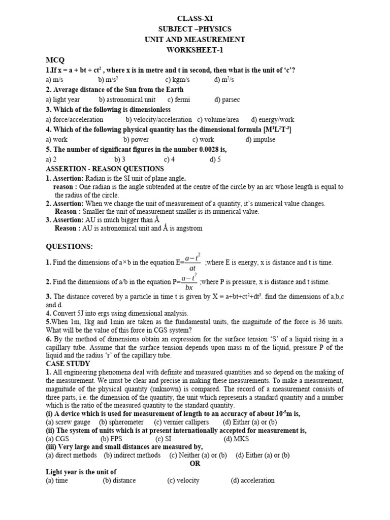 04 05 2024 Class Xi Physics CH 1 Units and Measurement Worksheet | PDF ...