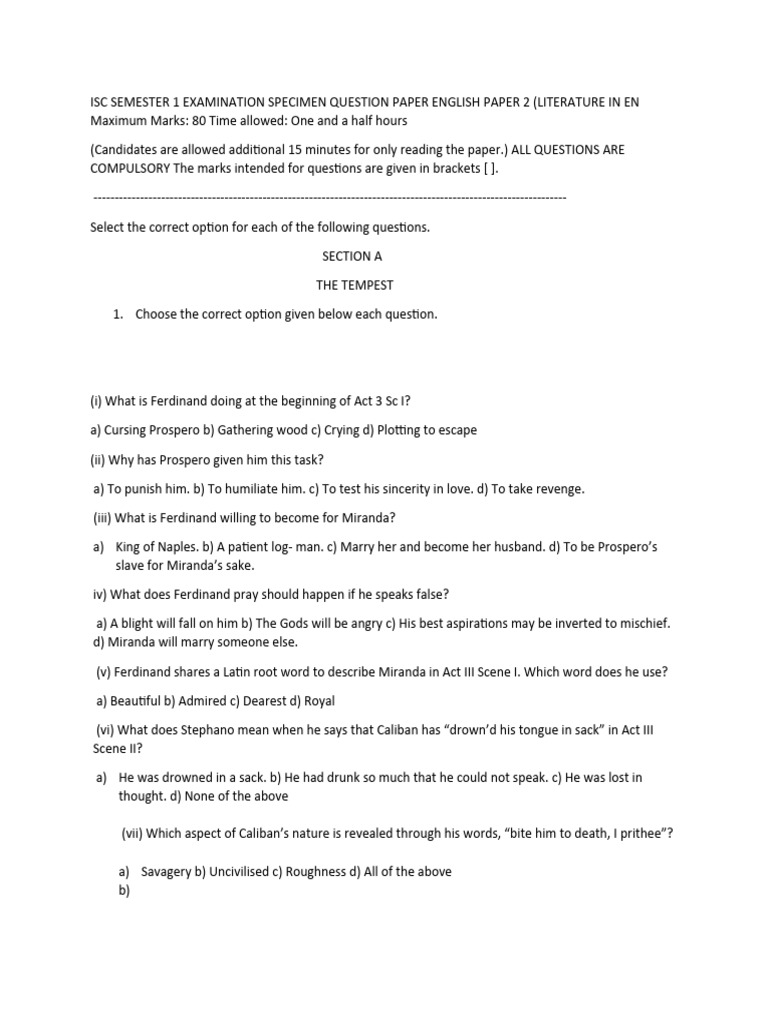 Isc Semester 1 Examination Specimen Question Paper English Paper 2 ...