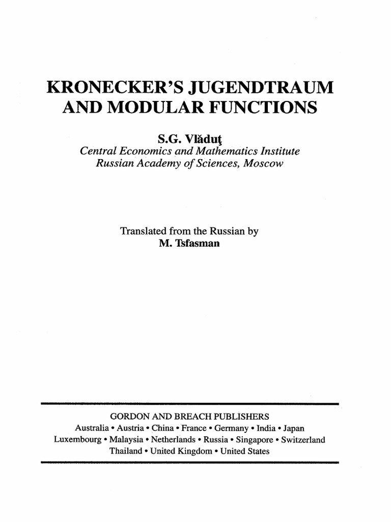 S. G. Vladut - Kronecker's Jugendtraum and Modular Functions (Studies in The Development of ...