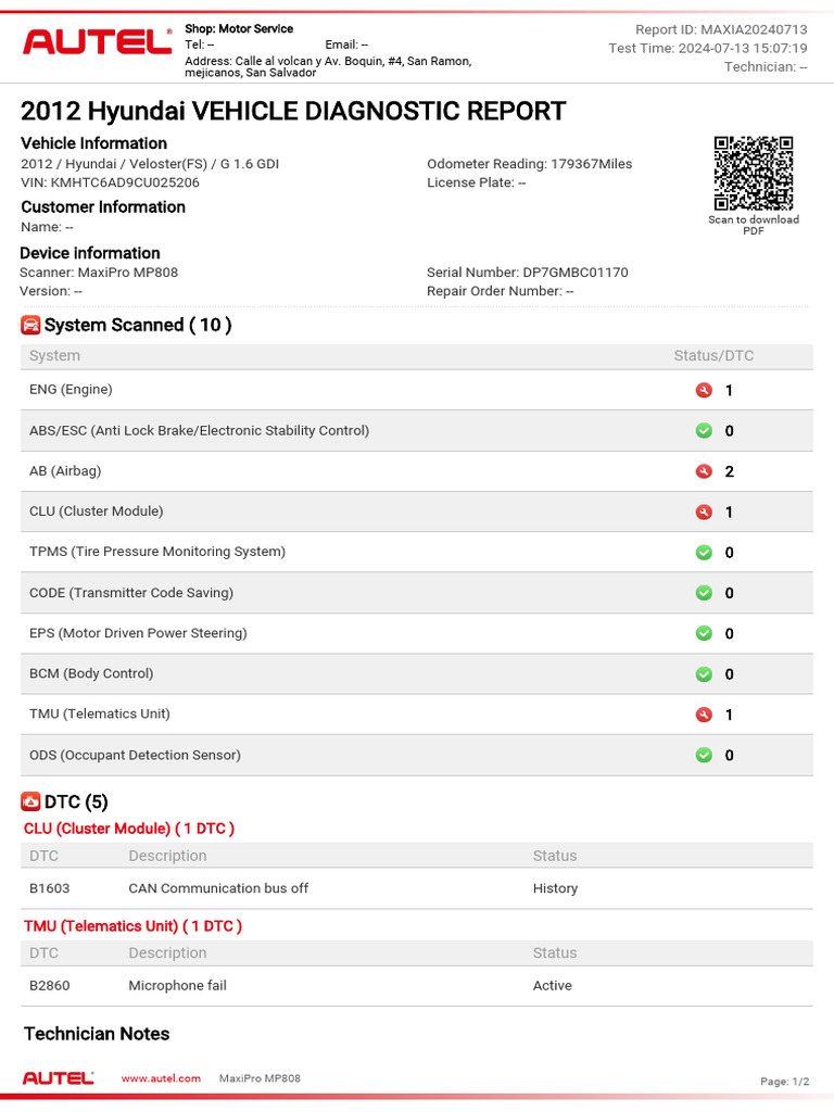 2012 Hyundai VEHICLE DIAGNOSTIC REPORT - KMHTC6AD9CU025206 ...