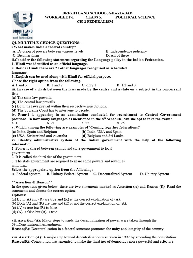 Worksheet of Class X Political Science CH2 Federalism | PDF ...