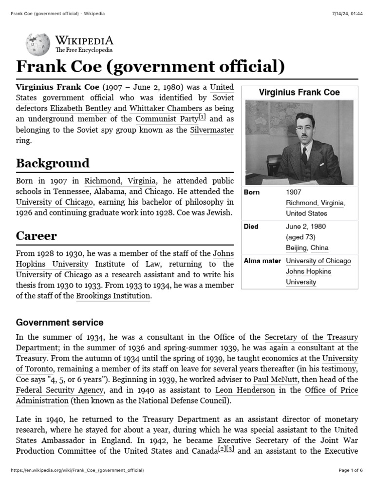 Frank Coe (Government Official) - Wikipedia | PDF | Communism