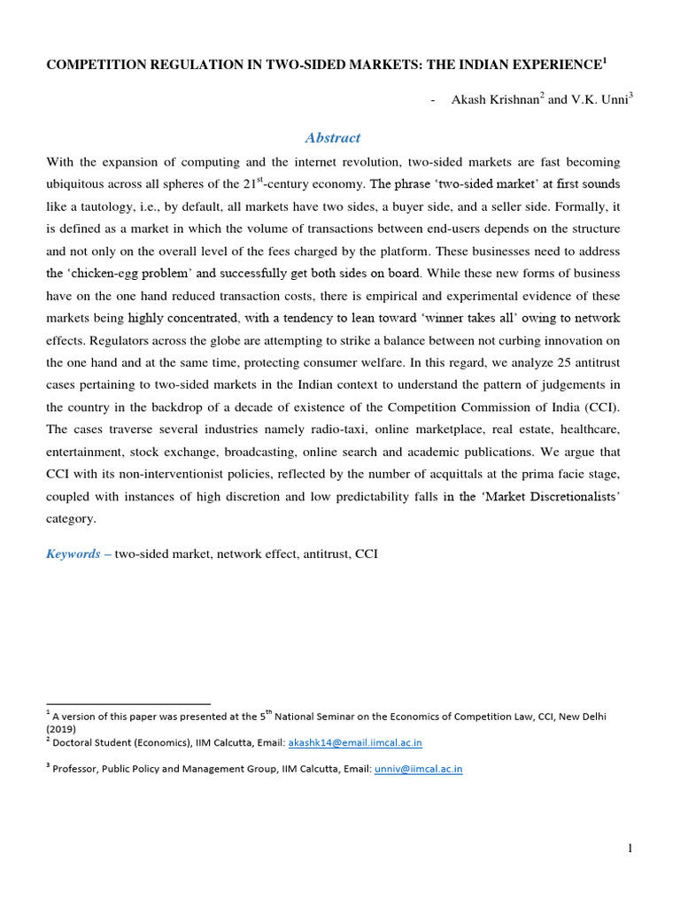 AkashUnni - Competition in Two Sided Markets - Indian Context | PDF ...