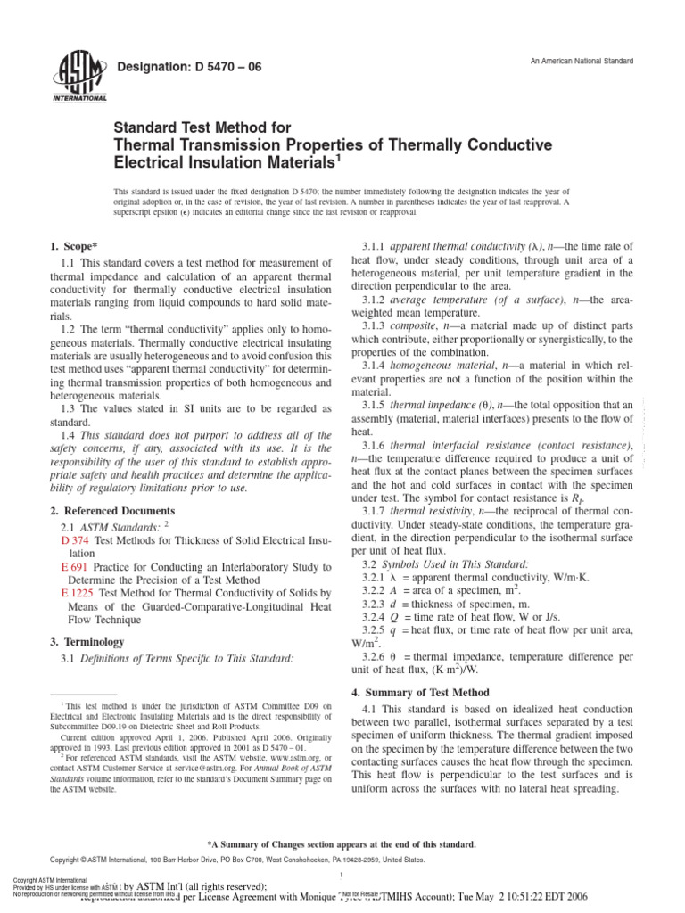 Astm D 5470 06 Standard Test Method For Thermal Transmission Properties