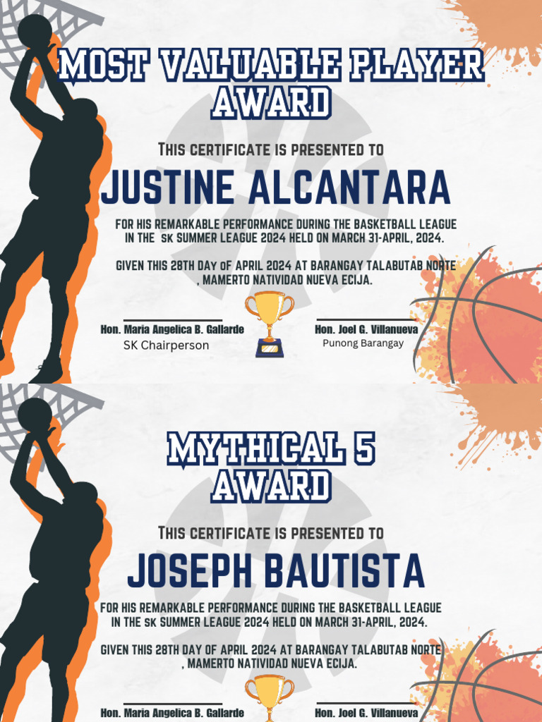 White and Orange Illustrative Basketball Sports Certificate - 20240427 ...