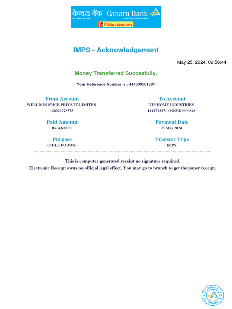 IMPS - Acknowledgement: Money Transferred Succesfully | PDF