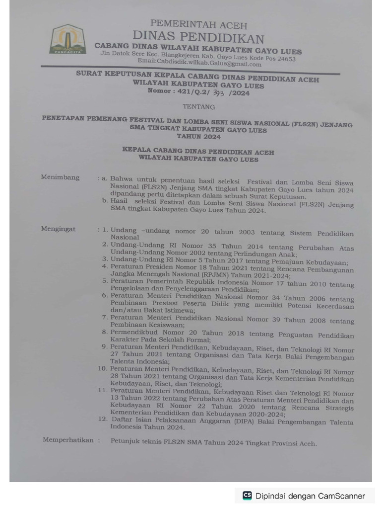 SK Pemenang FLS2N Sma Tingkat Kabupaten Gayo Lues | PDF