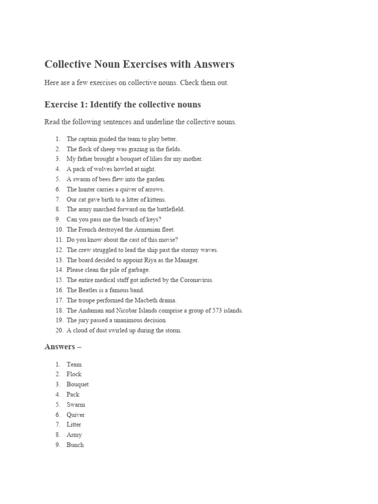 Collective Noun Exercises With Answers | PDF