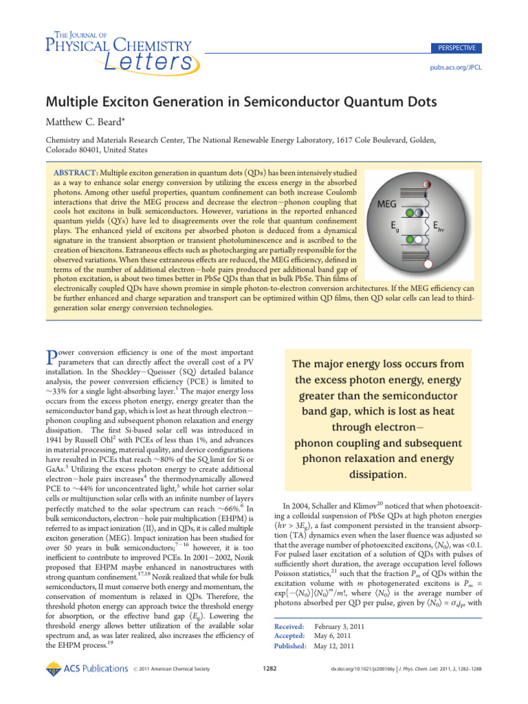 Multiple Exciton Generation in Semiconductor Quantum Dots: Matthew C ...