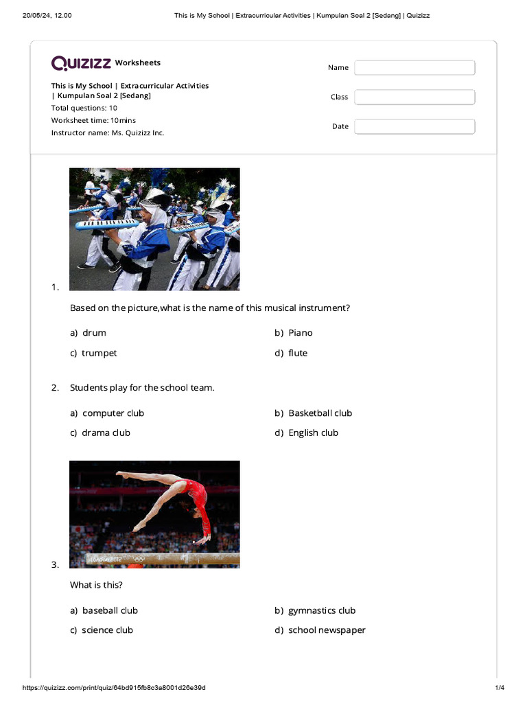 Extracurricular Activities Quiz Worksheet | PDF