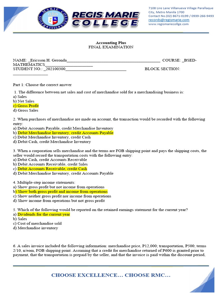 Accounting Plus Final Exam | PDF | Debits And Credits | Expense