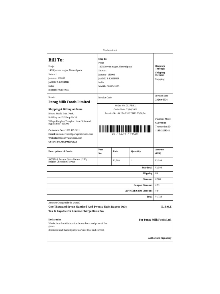 Invoice for Pooja's Purchase | PDF | Invoice | Payments