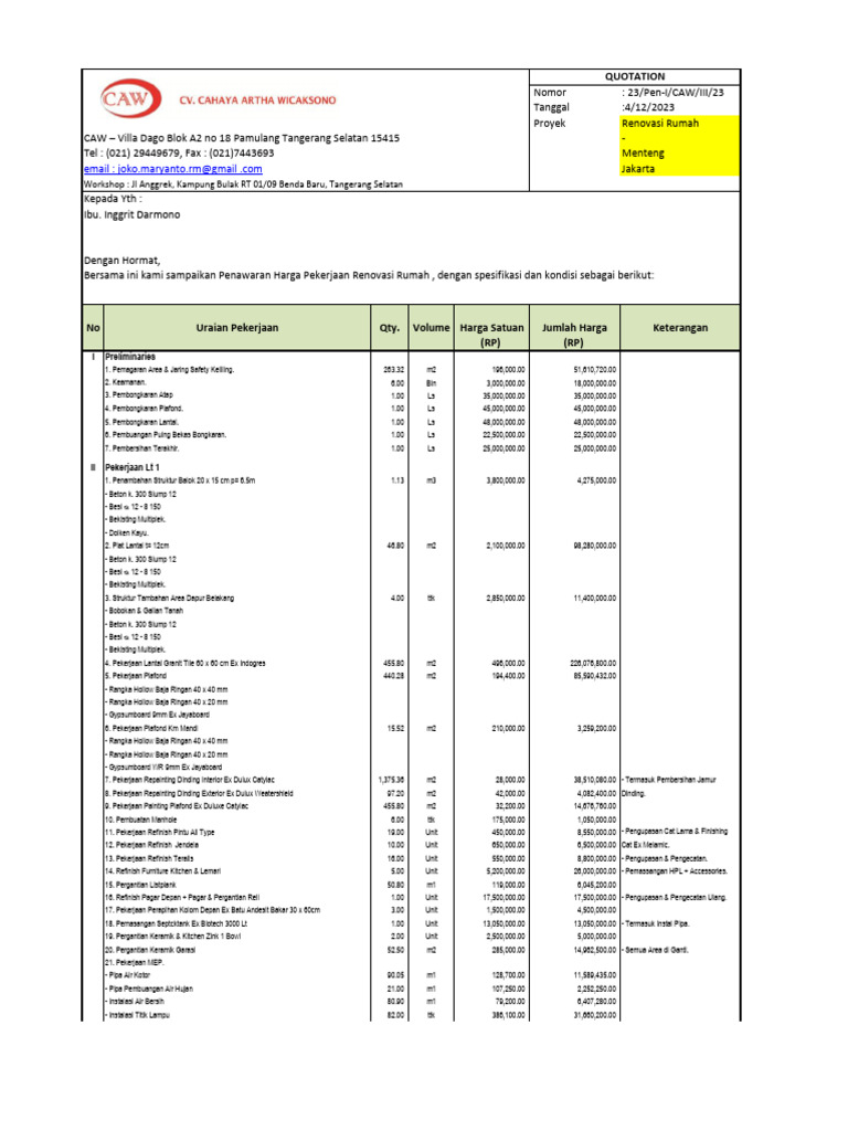 04-12-23 - Quotation Pekerjaan Renovasi Rumah - Menteng - Jakarta | PDF