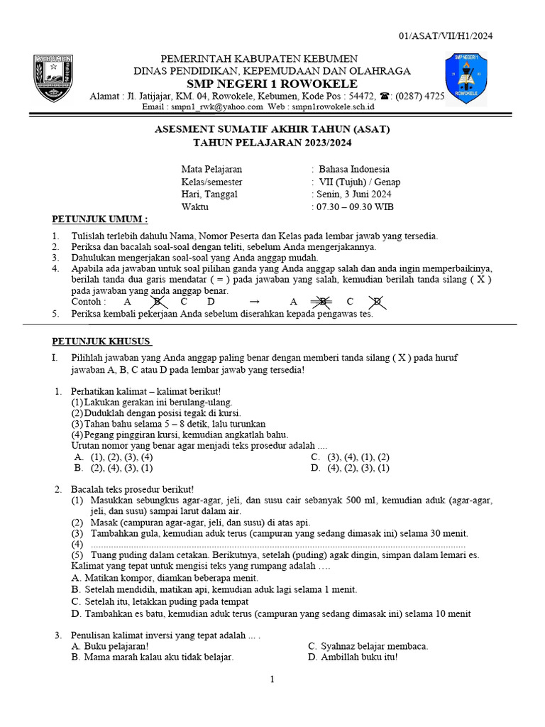 Soal Asat Bahasa Indonesia Kelas 7 23-24 F4 | PDF