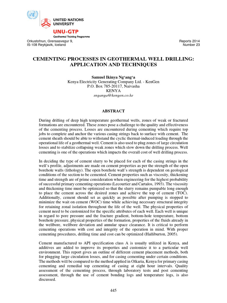 Cementing Processes in Geothermal Well Drilling, Application and ...