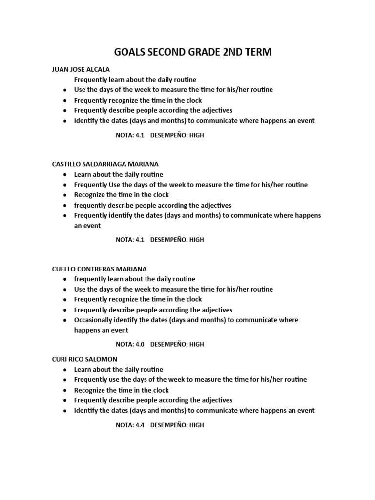 Goals Second Grade 2ND Term | PDF