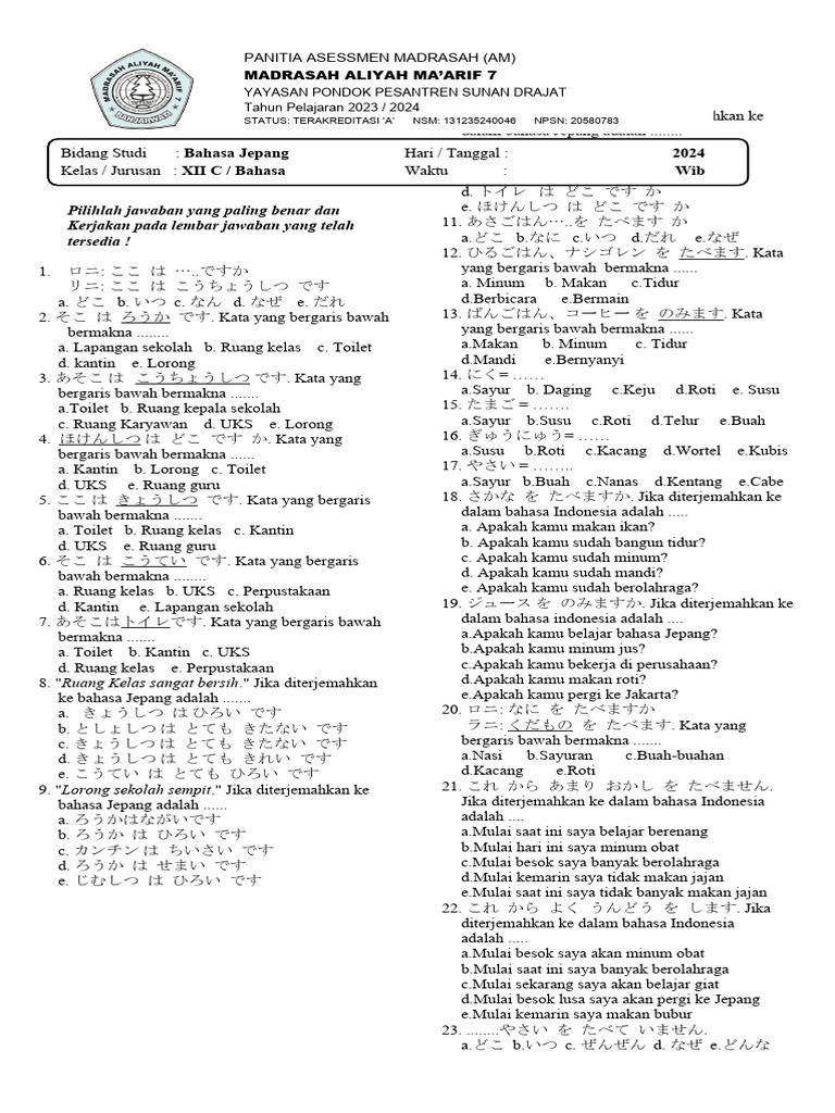 Soal Bahasa Jepang Kelas XII | PDF