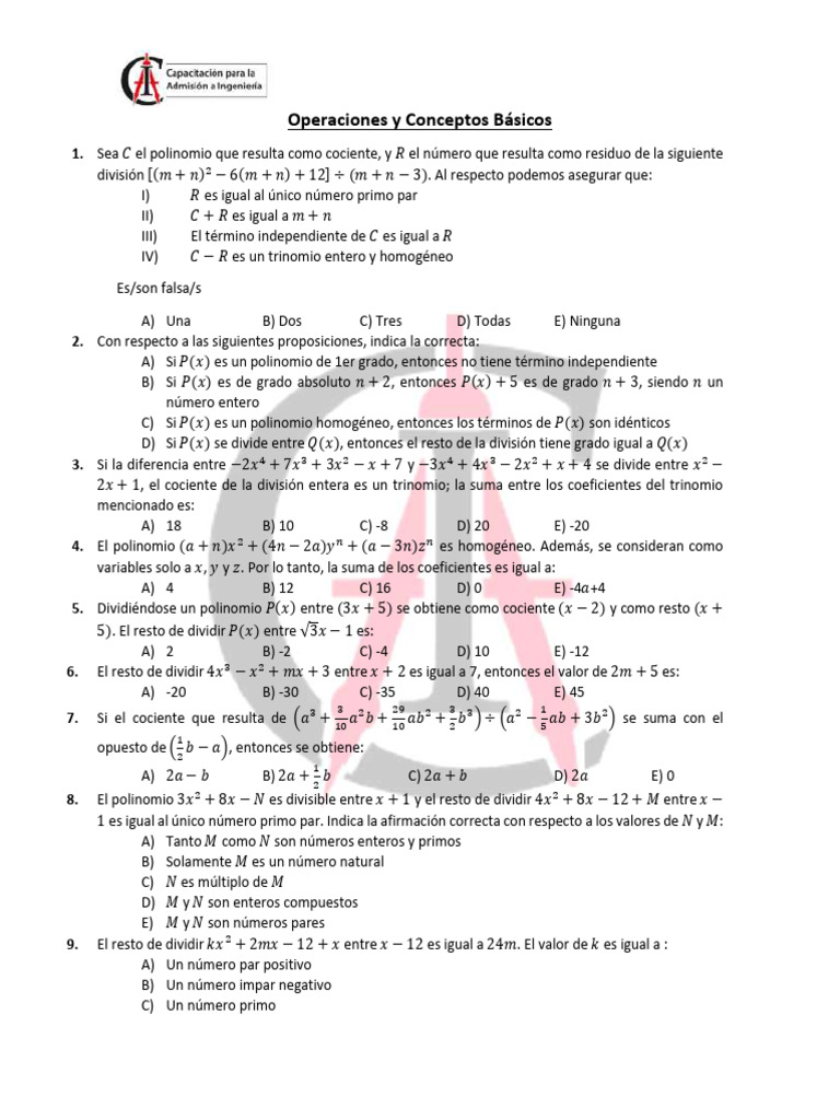 Álgebra - Operaciones Básicas | PDF | División (Matemáticas) | Número primo