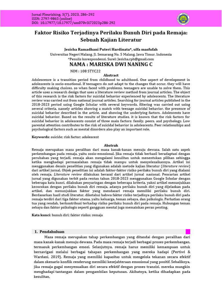Faktor Risiko Terjadinya Perilaku Bunuh Diri Pada Remaja Sebuah Kajian ...