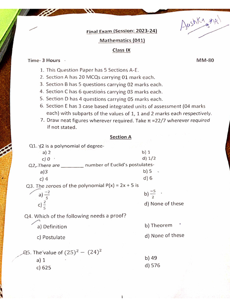 (Aashka) Final Exam Question Paper of Maths Exam | PDF