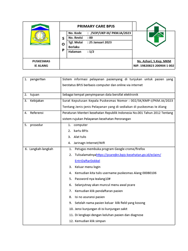 Sop Primary Pcare Bpjs | PDF | Pengelolaan Keuangan & Uang